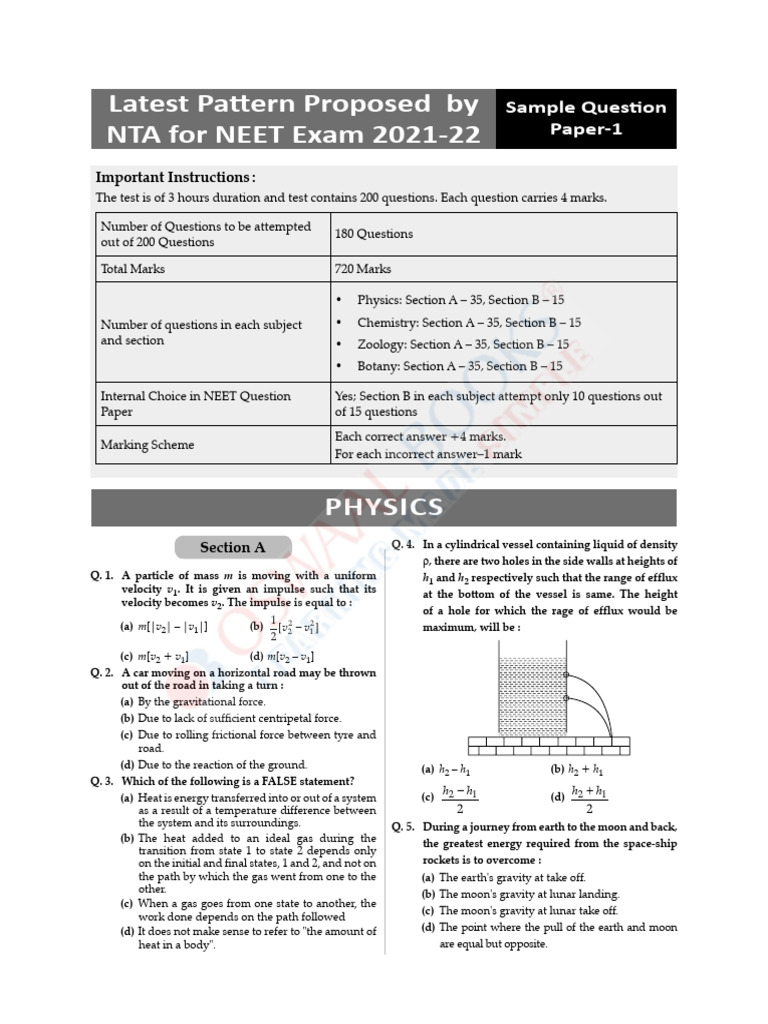 Proposed Format by NTA For NEET UG Exam-2022 Sample Paper-1 | PDF