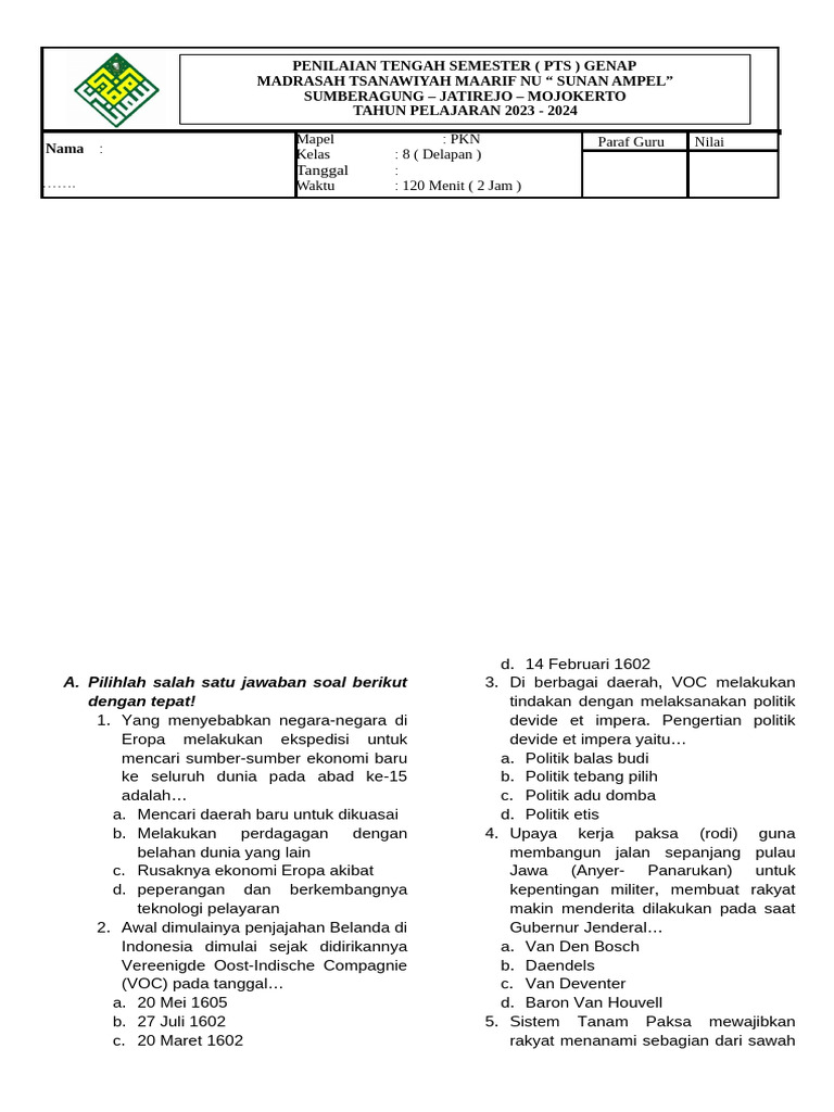 Soal PTS PKN KLS 8 Genap 2023 2024 | PDF