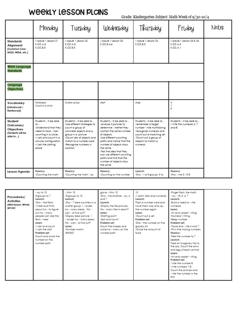 Math Weekly Lesson Plan 9 - 30-10 - 4 | PDF