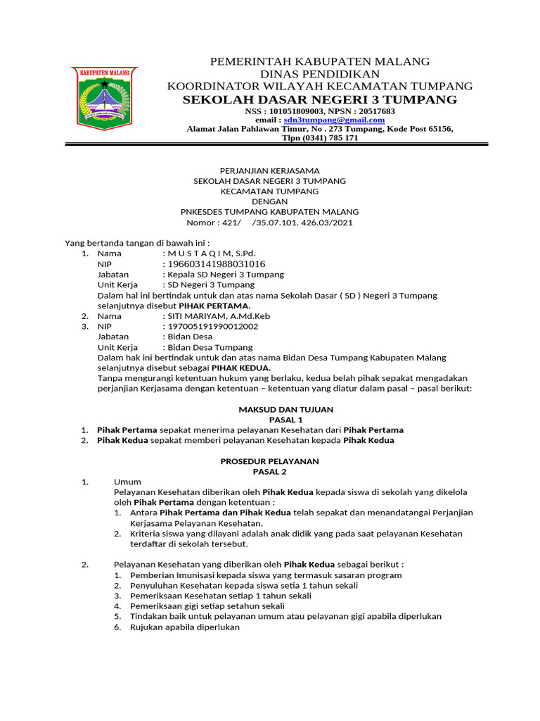 Perjanjian Kerjasama Dengan Bidan Desa | PDF