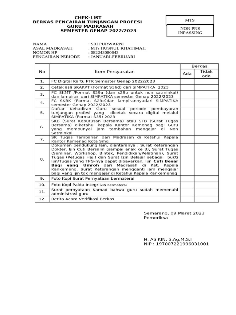 Ceklis Sri Pur Jan-Feb | PDF