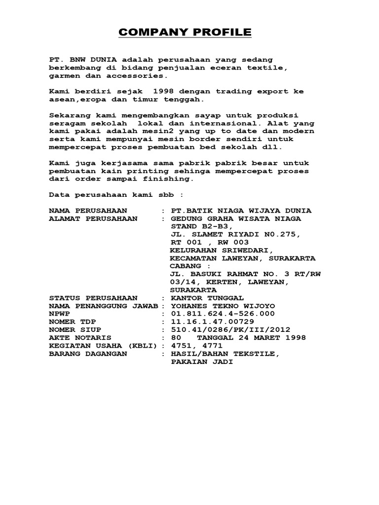 Company Profile PT BNW | PDF