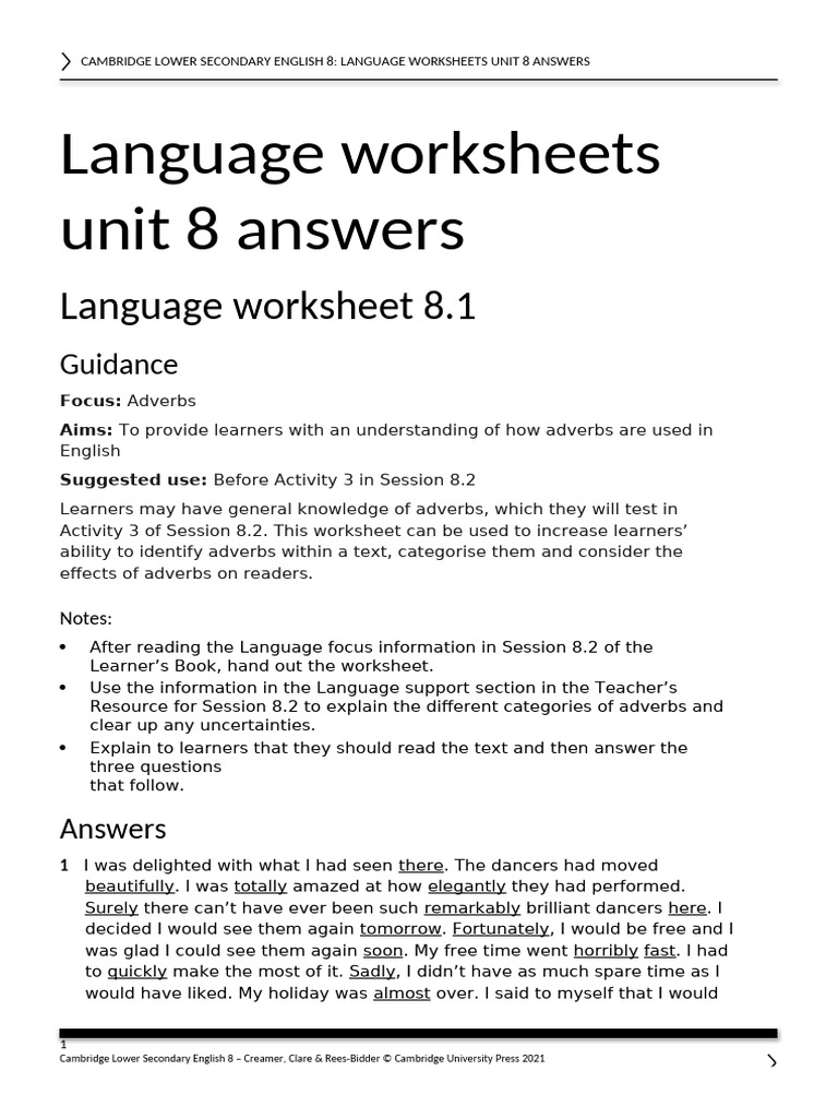 LS English 8 U8 Lang Worksheets Answers | PDF