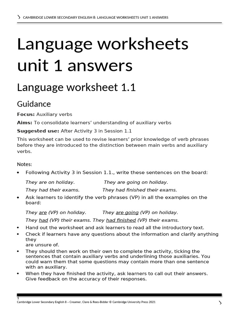 LS English 8 U1 Lang Worksheets Answers | PDF