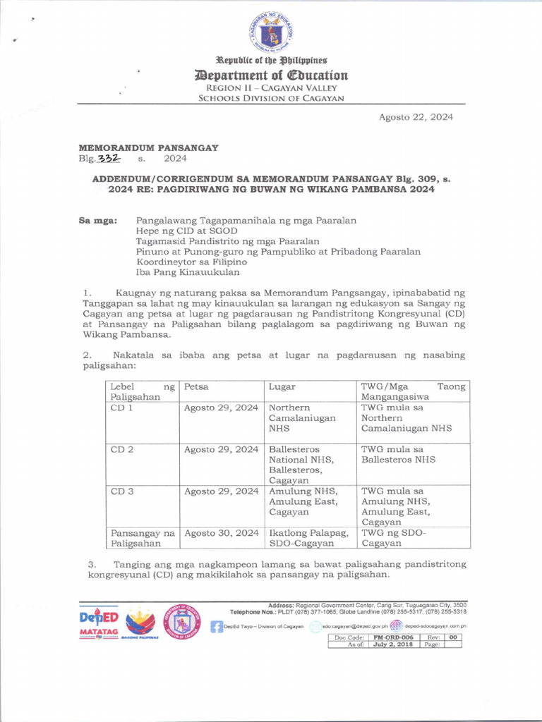 DVM No. 332 S. 2024 Addendum Corrigendum Sa Memorandum Pansangay | PDF