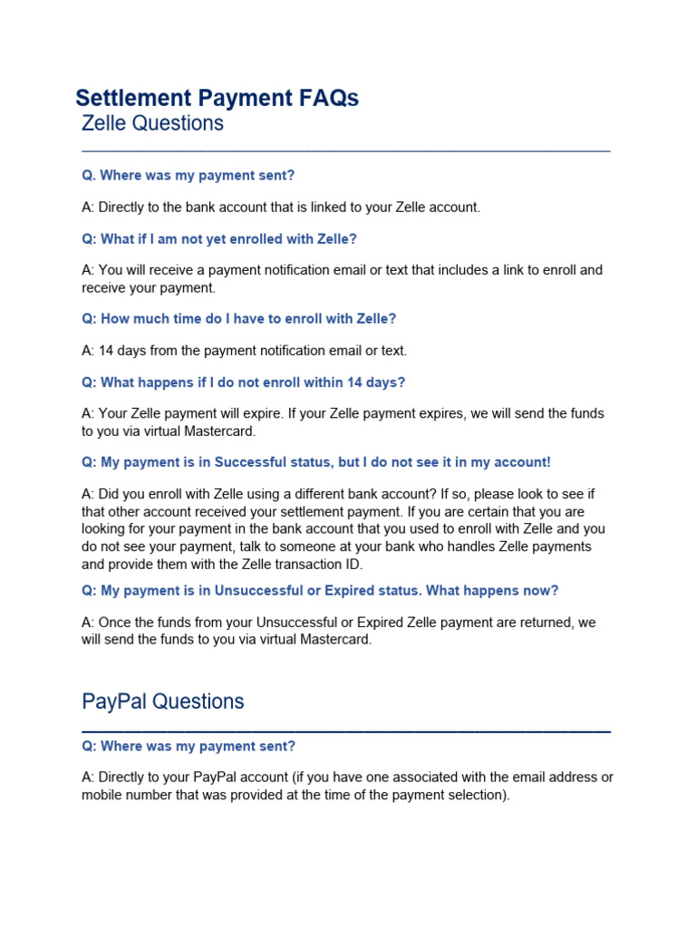 Settlement Payment Faqs: Zelle Questions | PDF