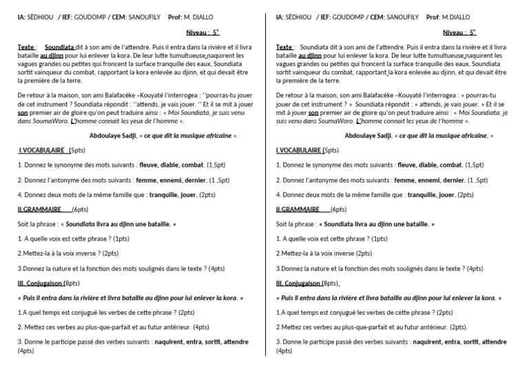 1er Devoir TSQ 5e Du 2nd Semestre | PDF