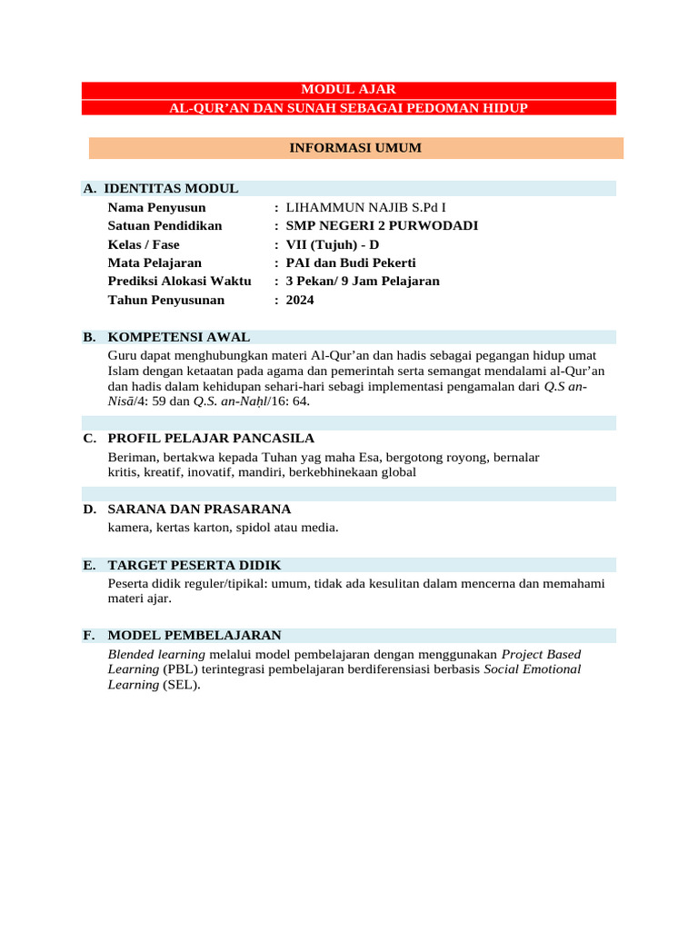 Modul Ajar Kelas 7 PAI - Bab 1 PMM | PDF