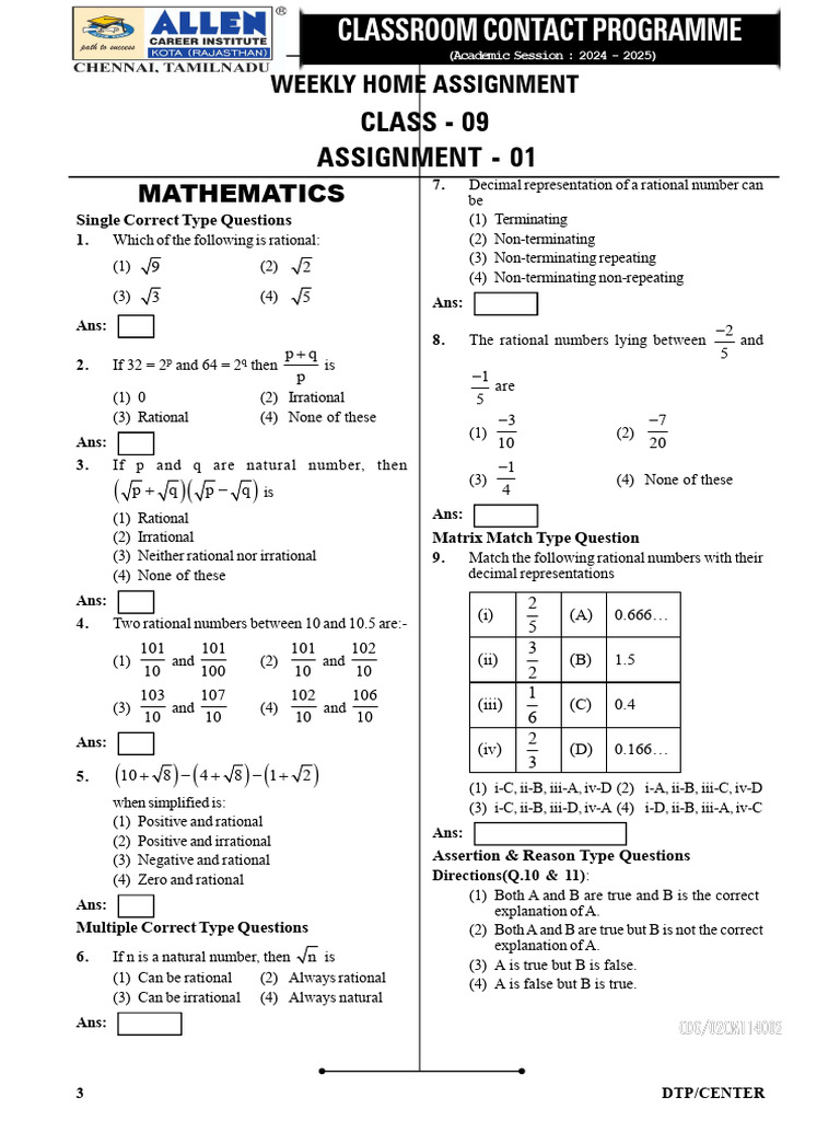 Week-01 - Class-09 - Home Assign - 24-25 - Maths | PDF