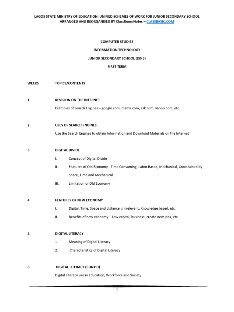 Computer Studies Information Technology Scheme Of Work For Junior