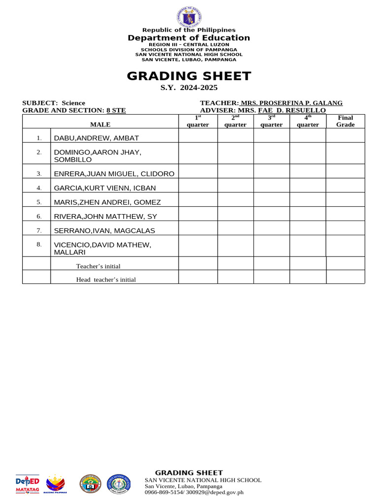 Grading Sheet Sy 2024 2025 Template | PDF