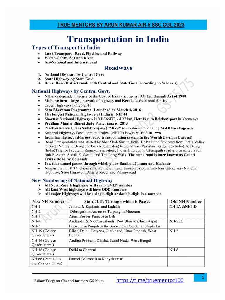 Transportation Notes by Arun Kumar AIR-5 | PDF
