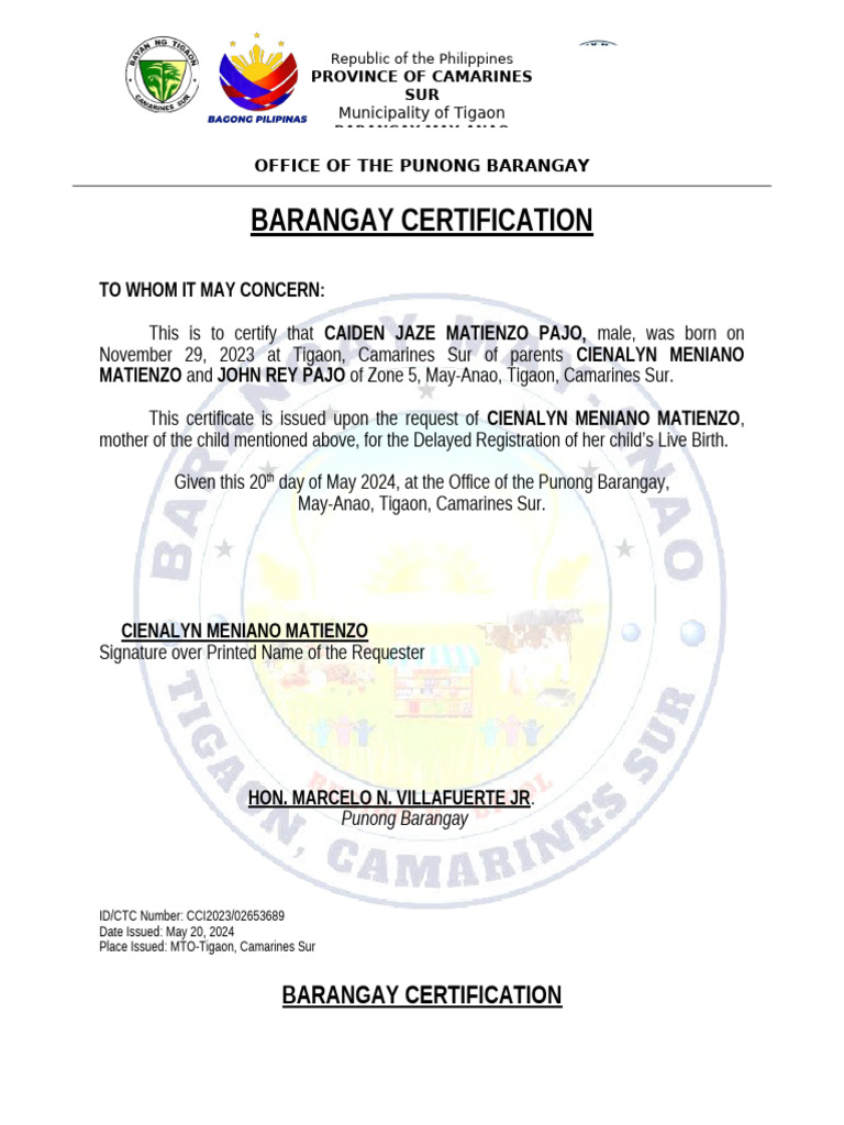 Certification - Delayed Registration of Live Birth&Solo Parent | PDF