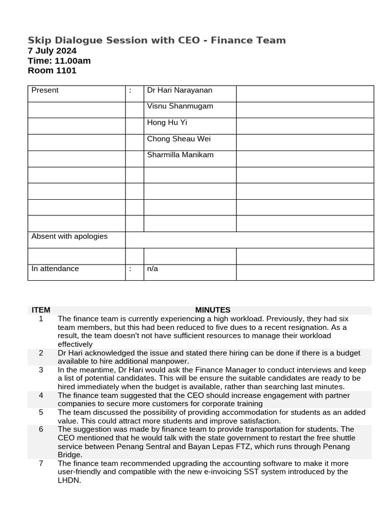 Minutes - Skip Dialogue Session With CEO - Finance Team | PDF