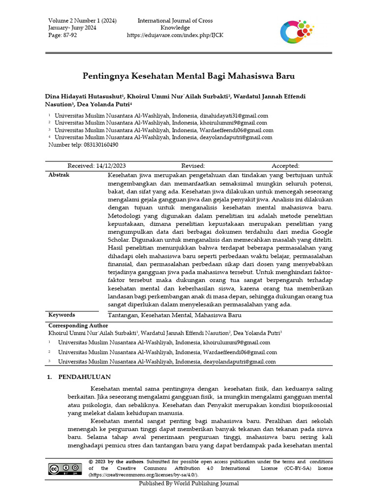 Artikel Pentingnya Kesehatan Mental Bagi Mahasiswa Baru | PDF