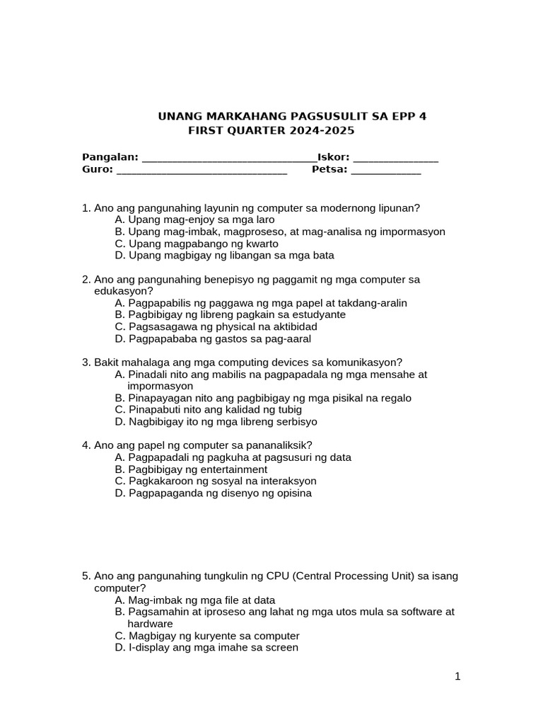 Q1 PT Epp 4 Matatag | PDF