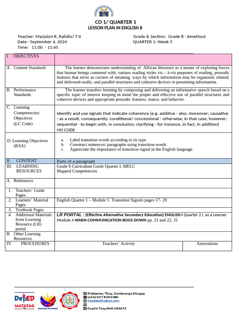 DLL Type Lesson Plan Co 1, August 30, 2024 A4 - Portrait - Template-Tnhs | PDF