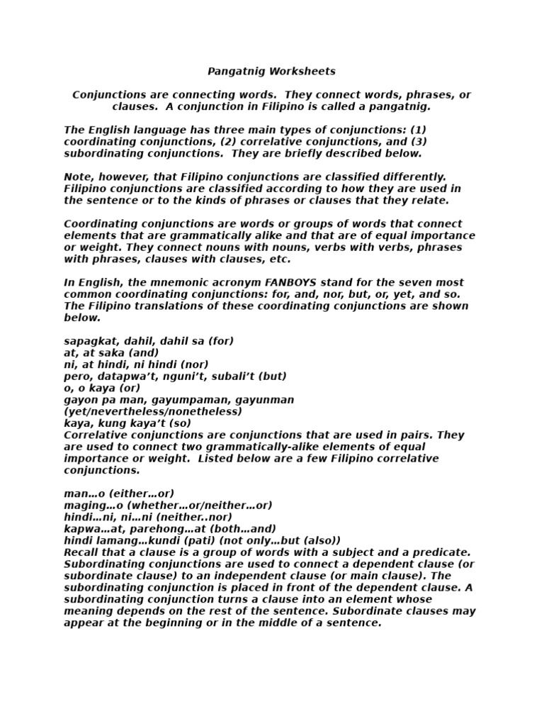 Pangatnig Worksheets 1 | PDF