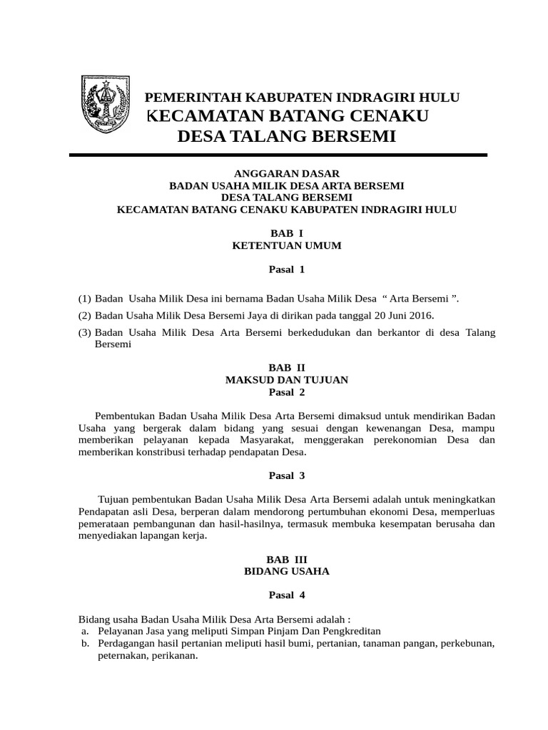 Anggaran Dasar Bumdes | PDF