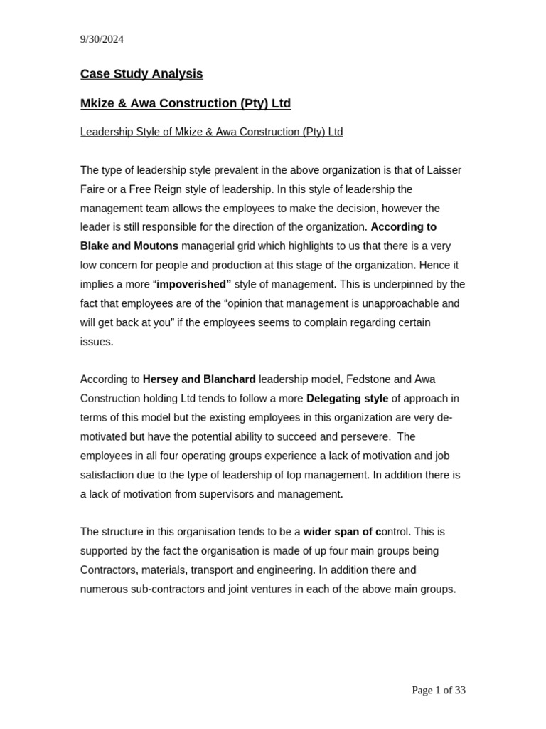 Case Study Analysis Mkize & Awa Construction (Final) | PDF | Employment ...