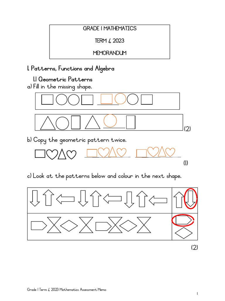 GRADE 1 Term 4 2023 Mathematics Assessment Memo | PDF