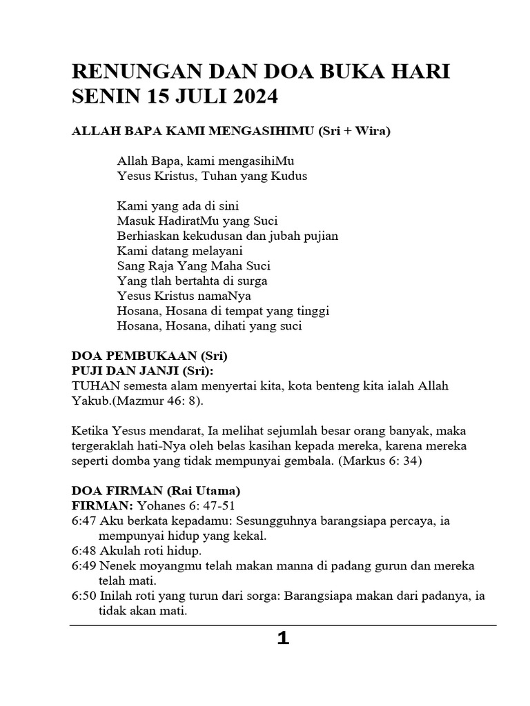 Renungan Dan Doa Buka Hari Senin 15 Juli 2024 | PDF