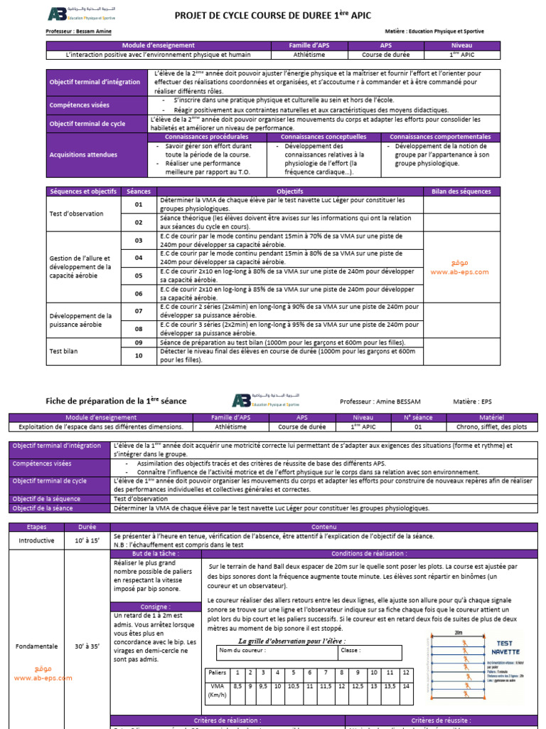 Projet de Cycle Course de Duree 1ère Apic | PDF