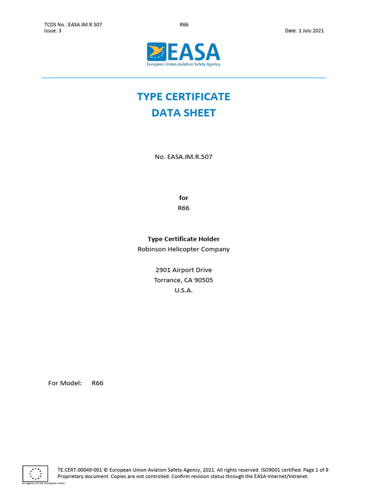 TCDS EASA IM R507 RHC R66 Issue 03 | PDF