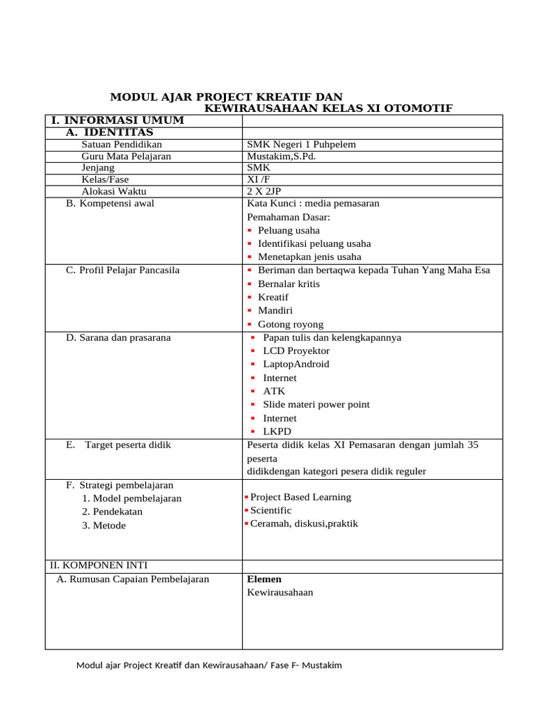 Modul Ajar PKK Kwu Peluang Usaha | PDF