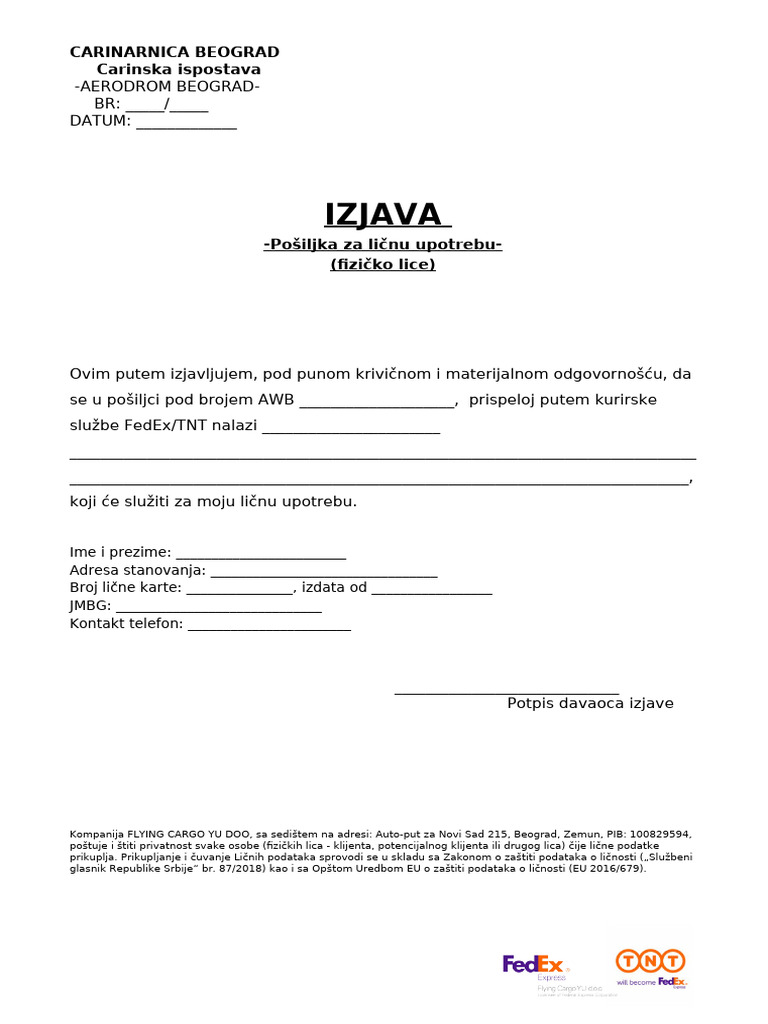 Izjava - Lična Upotreba Fizička Lica I Uputstvo | PDF