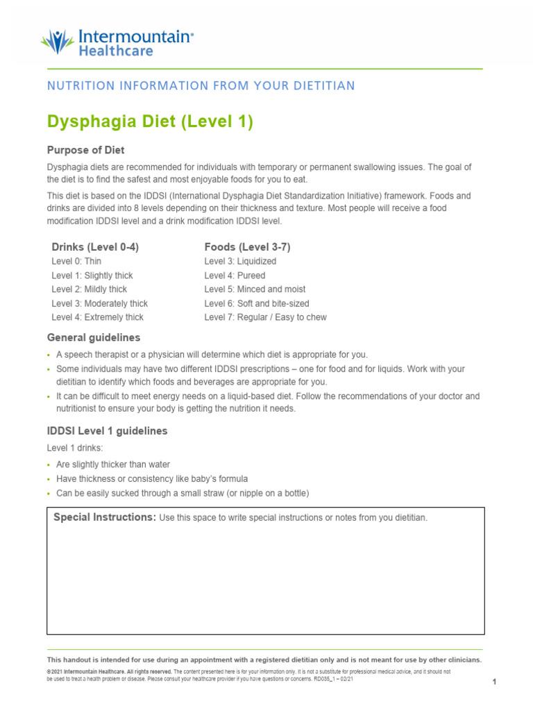 Dysphagia Diet IDDSI Level 1 Food List | PDF