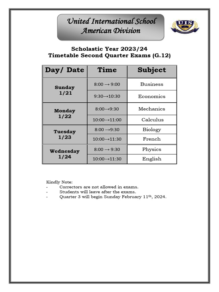 Timetable 2nd Quarter G 11 | PDF