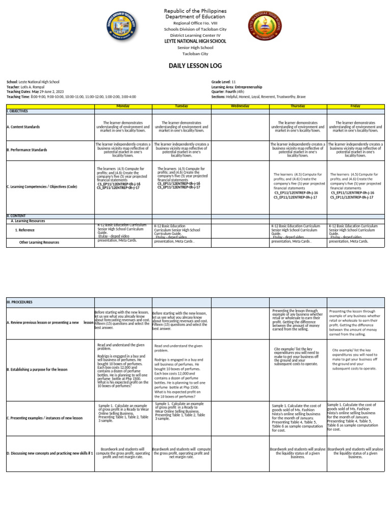 Daily-Lesson-Log - Entrep. Q4 May 29 - June 2, 2023 | PDF