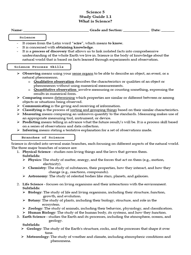 Science 5 Study Guide 1.1 | PDF