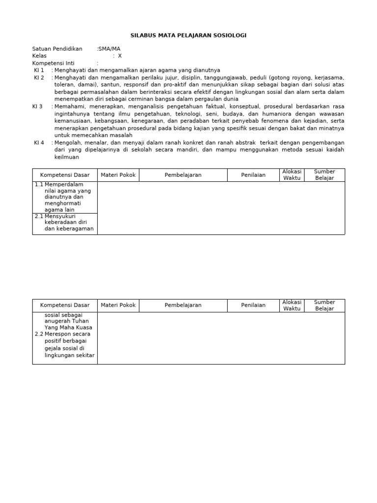 Silabus Mata Pelajaran Sosiologi Kelas X | PDF