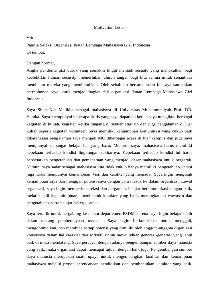 Sinta Nur Malikha - UHAMKA - Motivation Letter | PDF Sinta Nur Malikha - UHAMKA - Motivation Letter | PDF