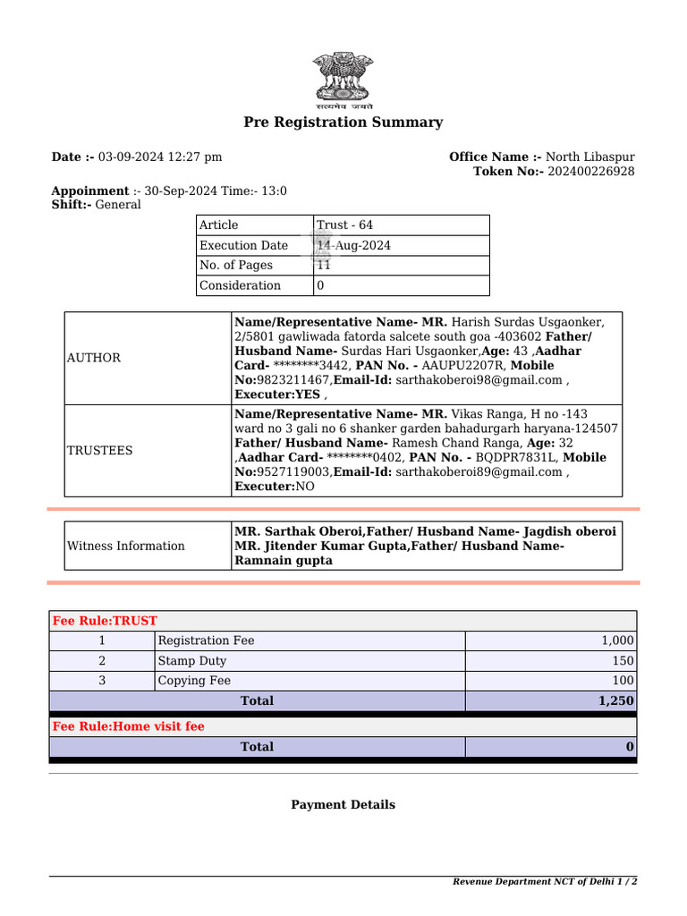 Pre Registration Summary: Fee Rule:TRUST | PDF