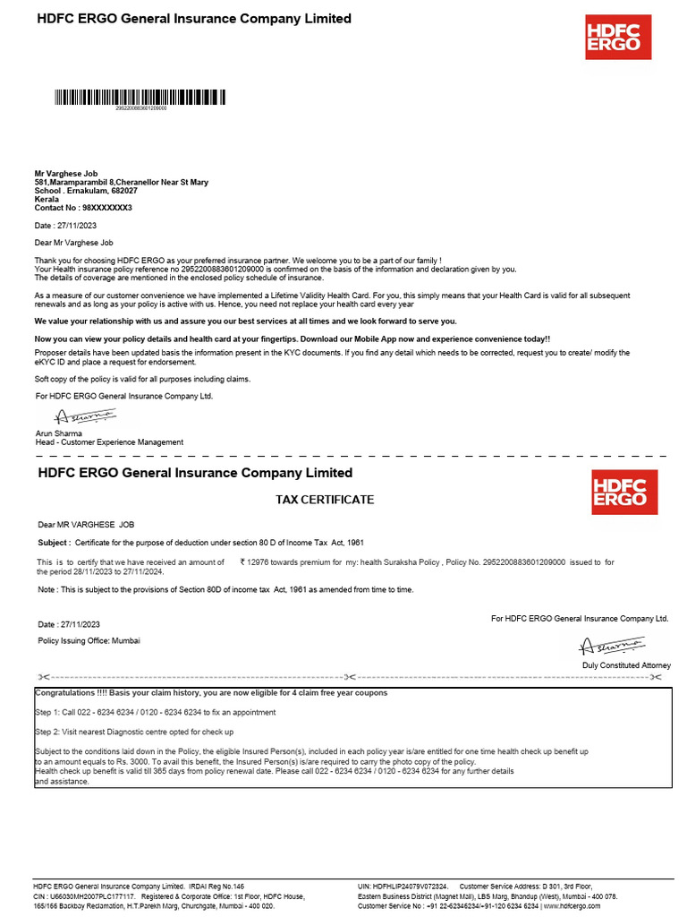 HDFC ERGO Health Insurance Confirmation | PDF | Insurance | Taxes
