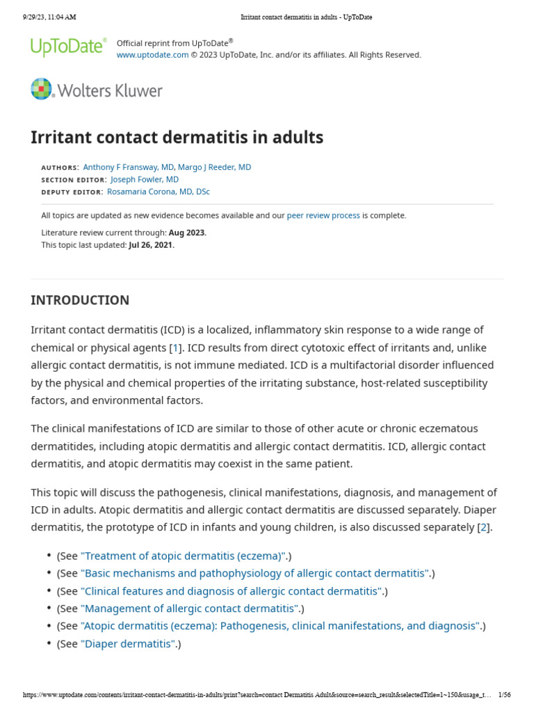 Irritant Contact Dermatitis in Adults - UpToDate | PDF