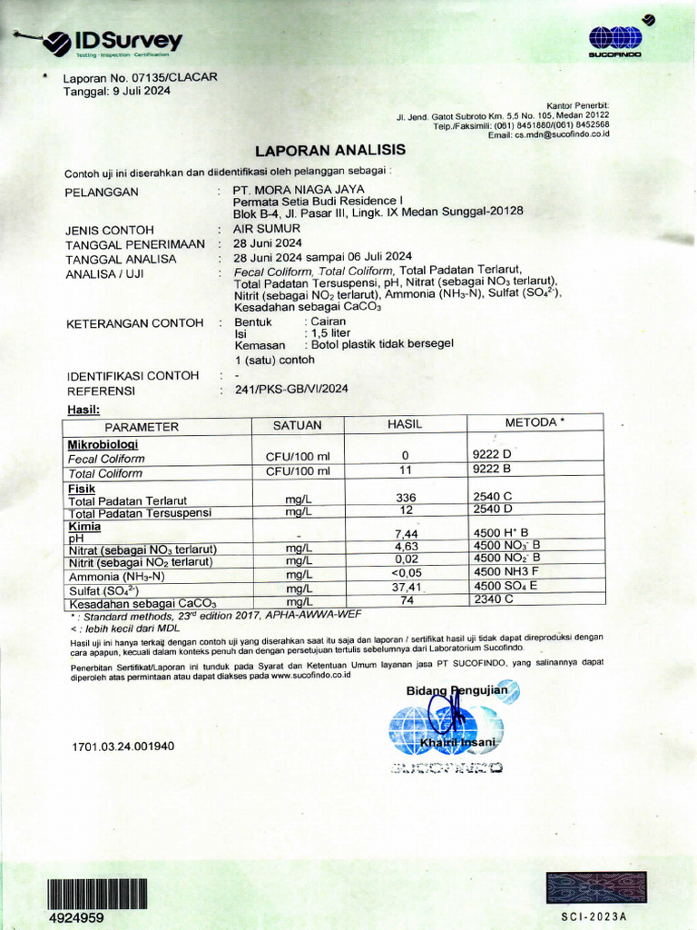 Laporan Hasil Analisa Air Sumur | PDF