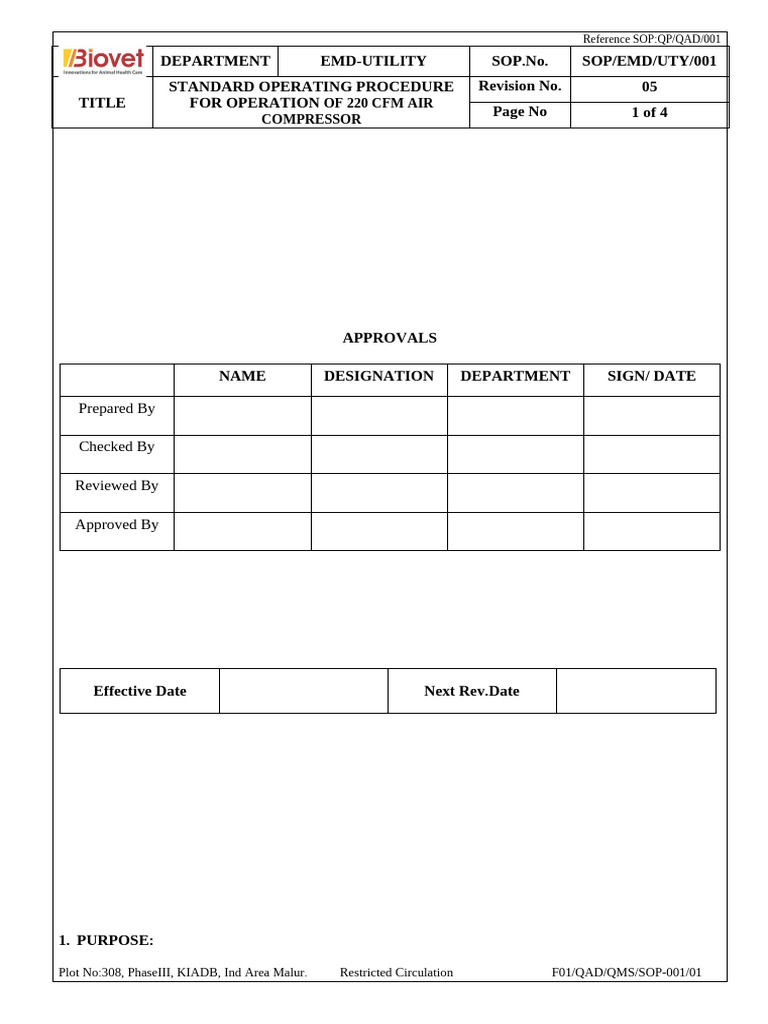 SOP For Operation of Air Compressor 220 CFM | PDF | Manufactured Goods