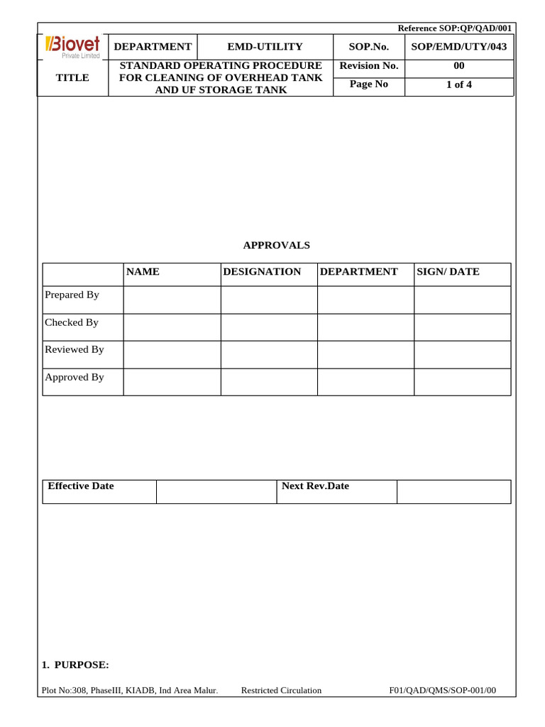 Sop Cleaning of Overhead Tank and Uf Storage Tank. | PDF