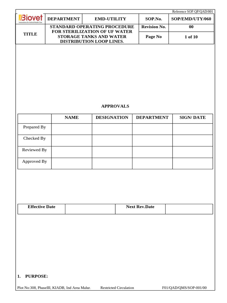 UF Water Tank Sterilization SOP | PDF | Valve | Sterilization ...