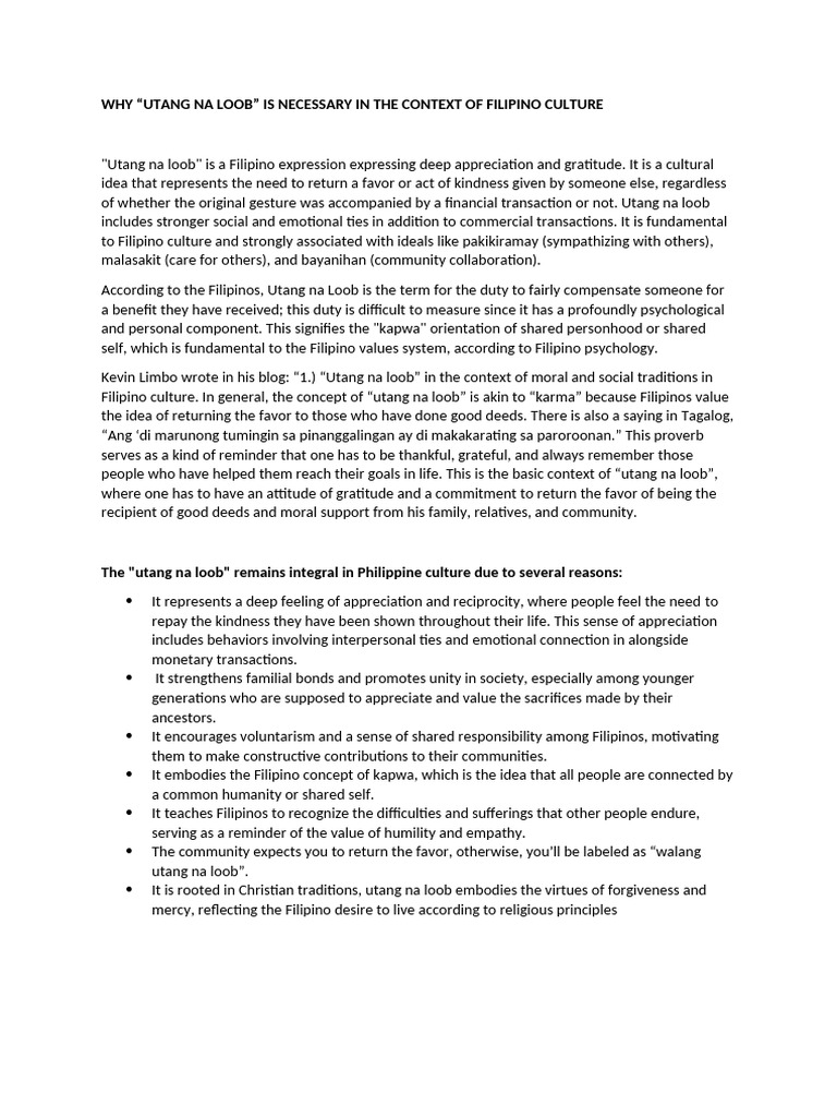 Why Utang Na Loob Is Necessary in The Context of Filipino Culture | PDF