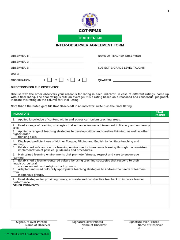 Appendix C 10 COT RPMS Inter Observer Agreement Form For T I III For SY ...
