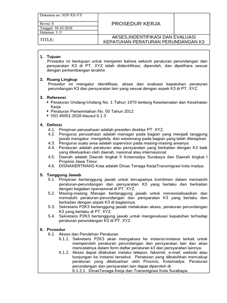 Prosedur Akses, Identifikasi & Evaluasi Kepatuhan Peraturan Perundangan K3 | PDF