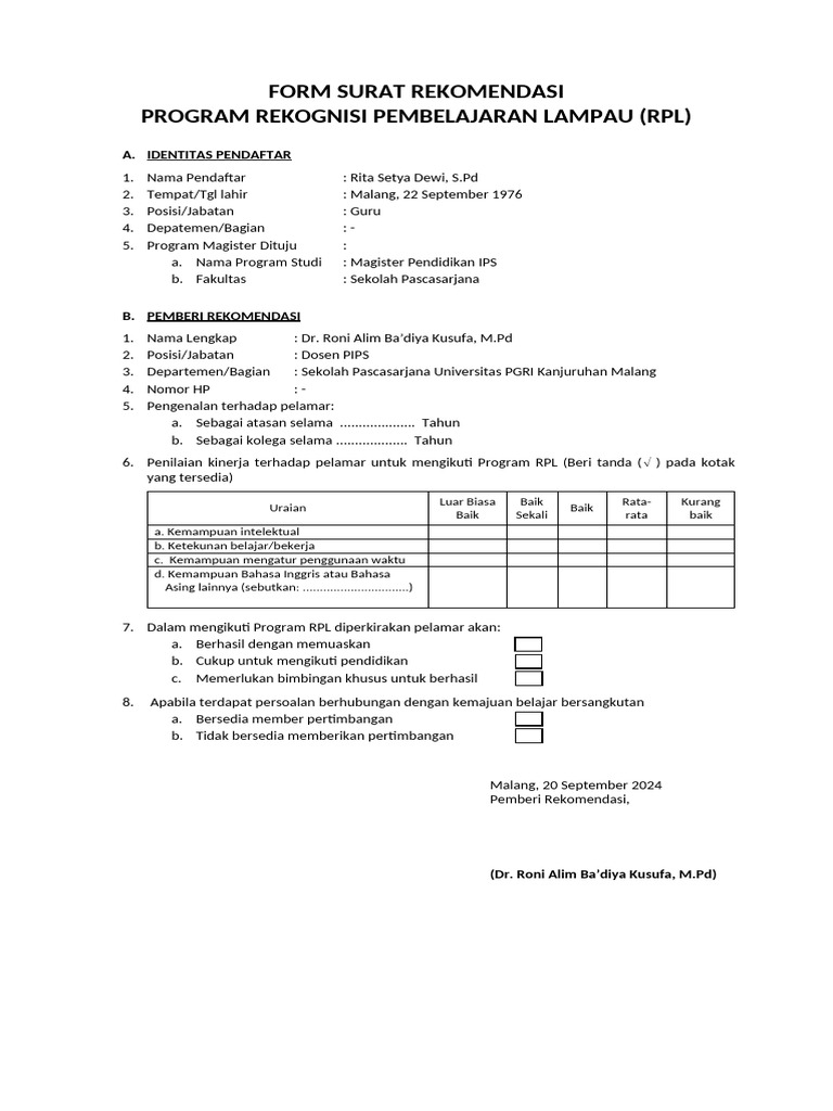 Form Surat Rekomendasi RPL | PDF