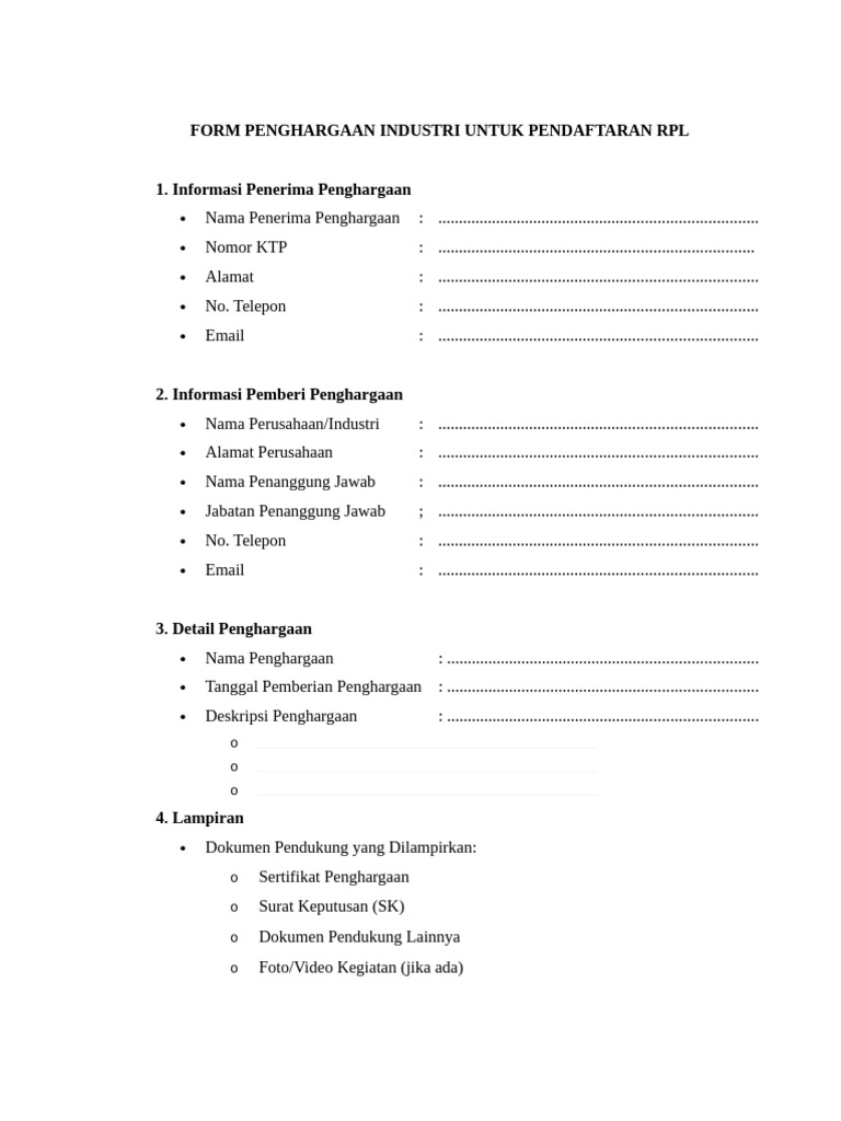 Form Penghargaan Industri Untuk Pendaftaran RPL | PDF