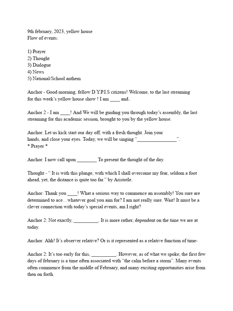 Draft Script For Morning Assembly On 9th February, 2023, Yellow House | PDF