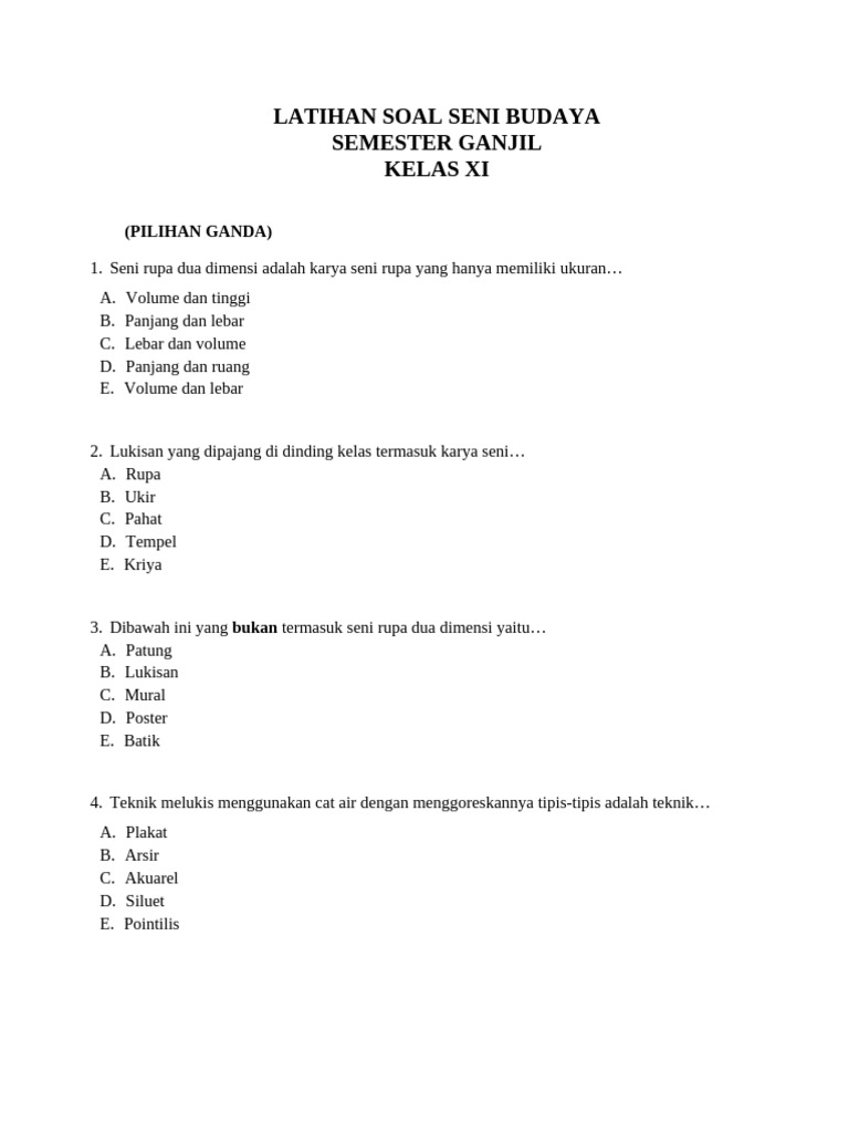 Latihan Soal Seni Budaya Xi Ganjil PHB | PDF